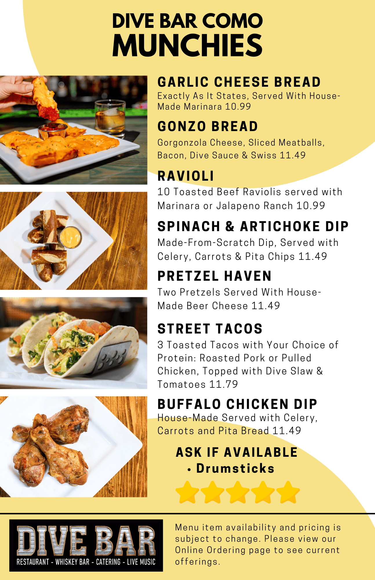 Menu Dive Bar Como | 5-Star Dive Bar Menu in Columbia, MO